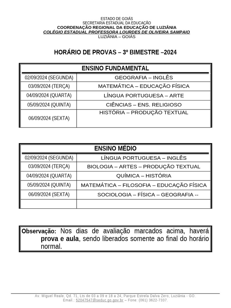 Calendário de Provas - 3º Bimestre | PDF
