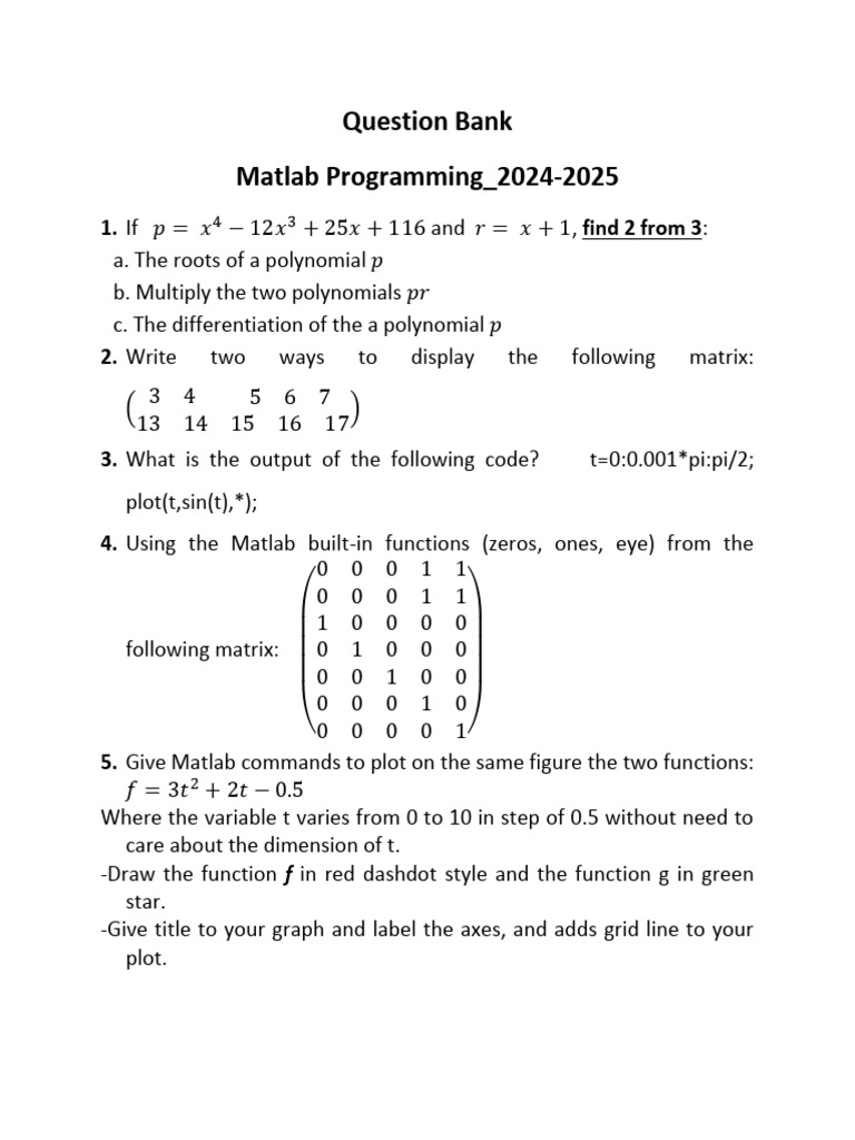 Question Bank | PDF | Matrix (Mathematics) | Matlab