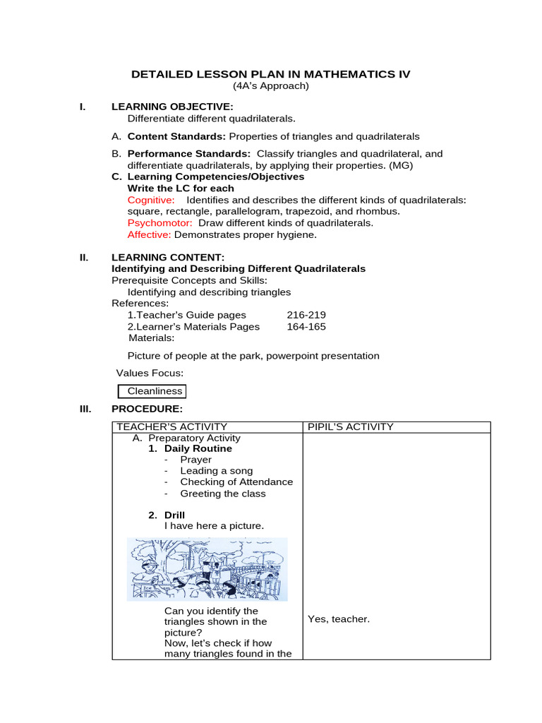 Quadrilateral Lesson Plan for Grade 4 | PDF | Rectangle | Geometry