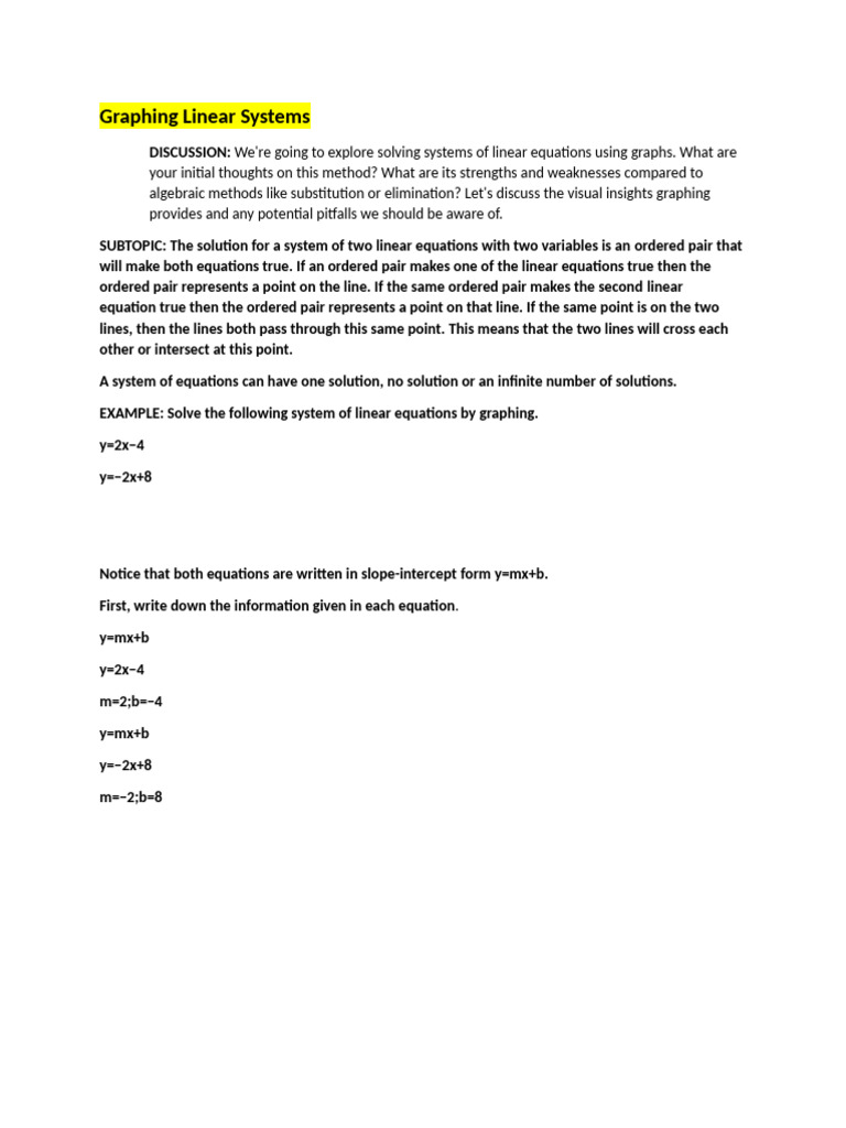 Graphing Linear Systems | PDF | System Of Linear Equations | Equations