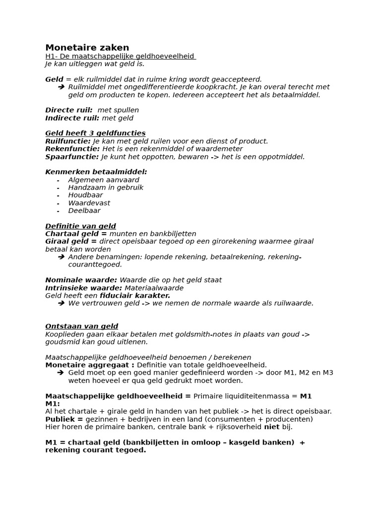Samenvatting Monetaire Zaken | PDF