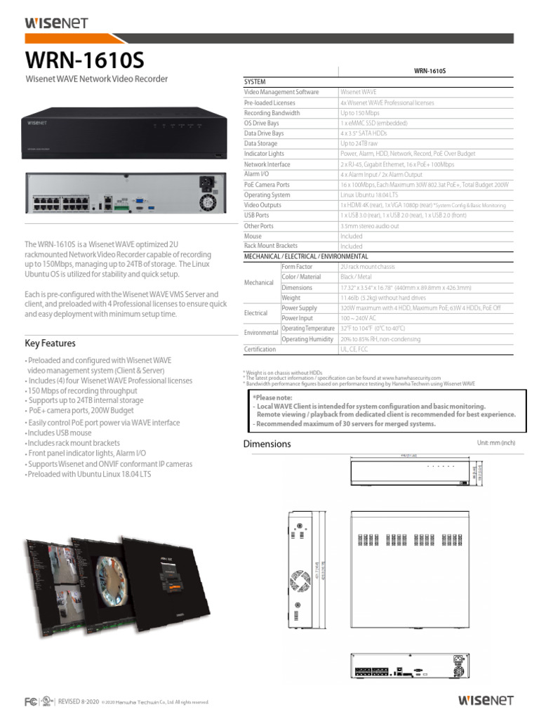 Wisenet WAVE NVR WRN-1610S Specs | PDF | Hard Disk Drive | Usb
