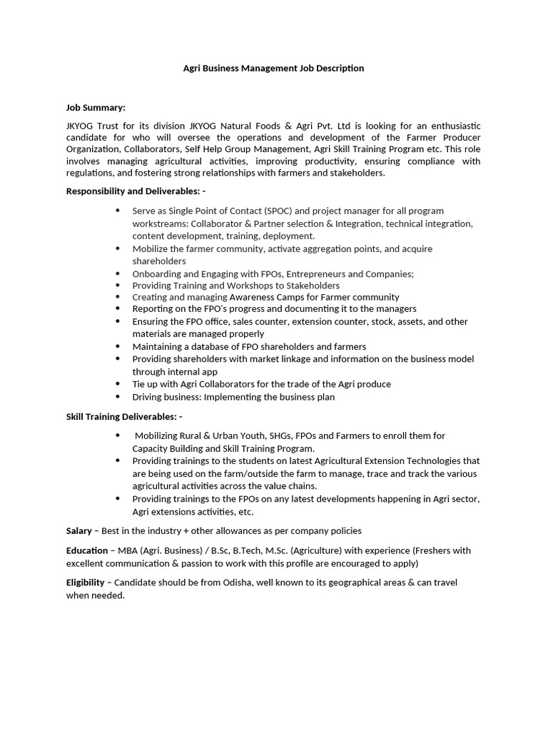 Revised JD - Agri Business Management Guy | PDF | Economies | Business