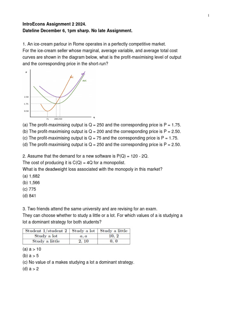 Intro Assignment 2 2024 Q-1 | PDF | Economic Equilibrium | Monopoly