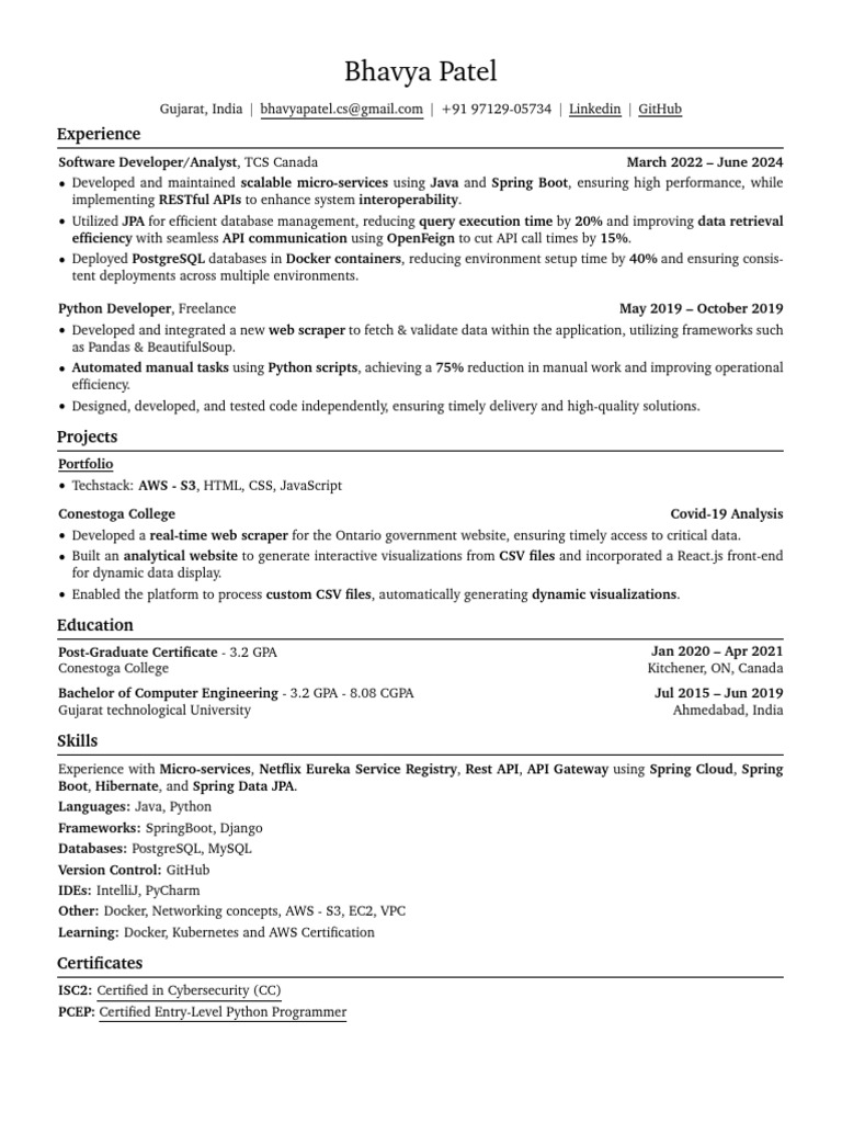 Bhavya Patel Dev Resume | PDF | Databases | Amazon Web Services