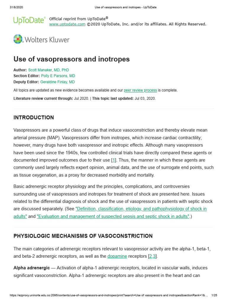 Use of Vasopressors and Inotropes - UpToDate | PDF | Sepsis | Shock (Circulatory)