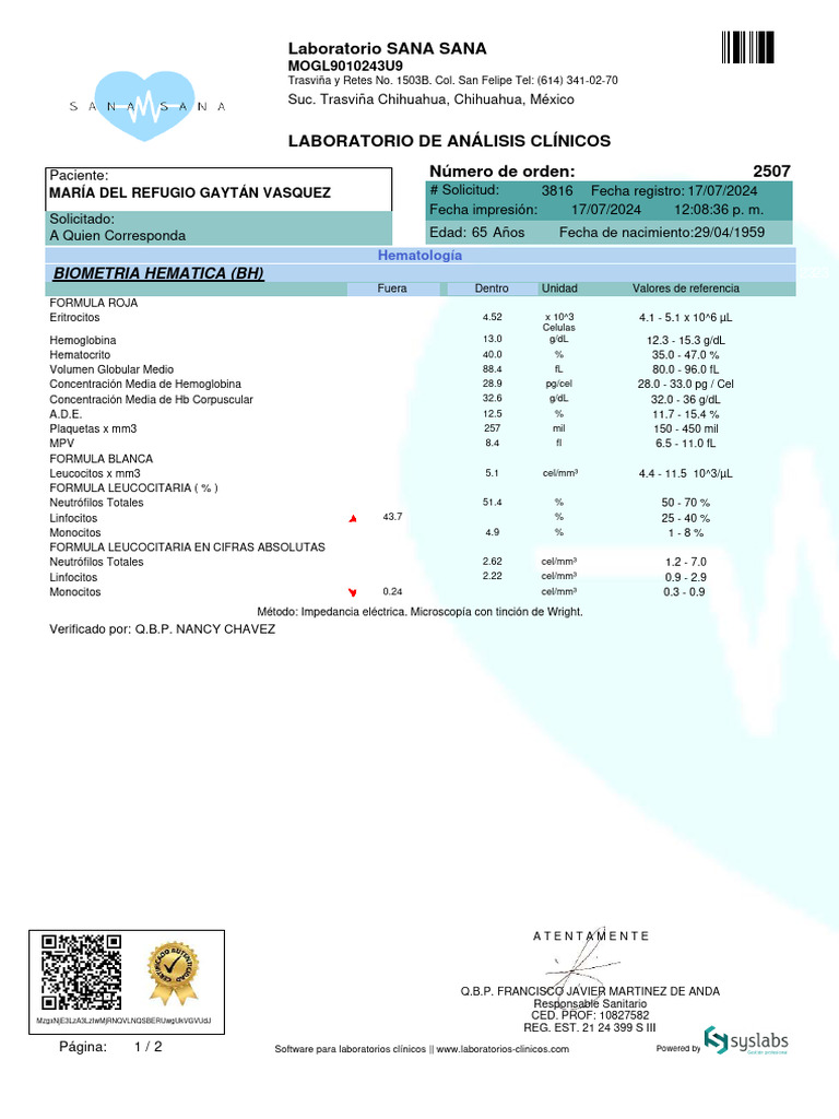 Laboratorio SANA SANA: Biometria Hematica (BH) | PDF | Leucocito ...