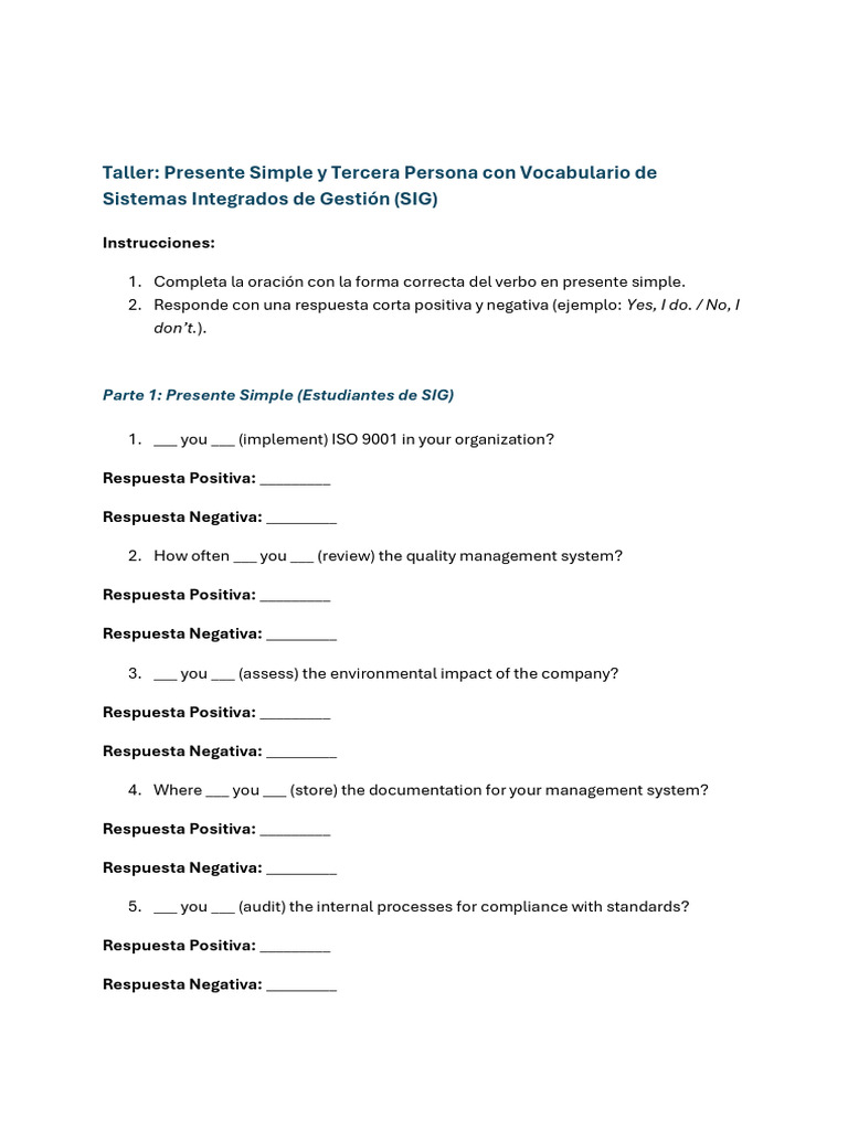 Taller Presente Simple y Tercera Persona Con Vocabulario SIG | PDF | Producción y fabricación ...