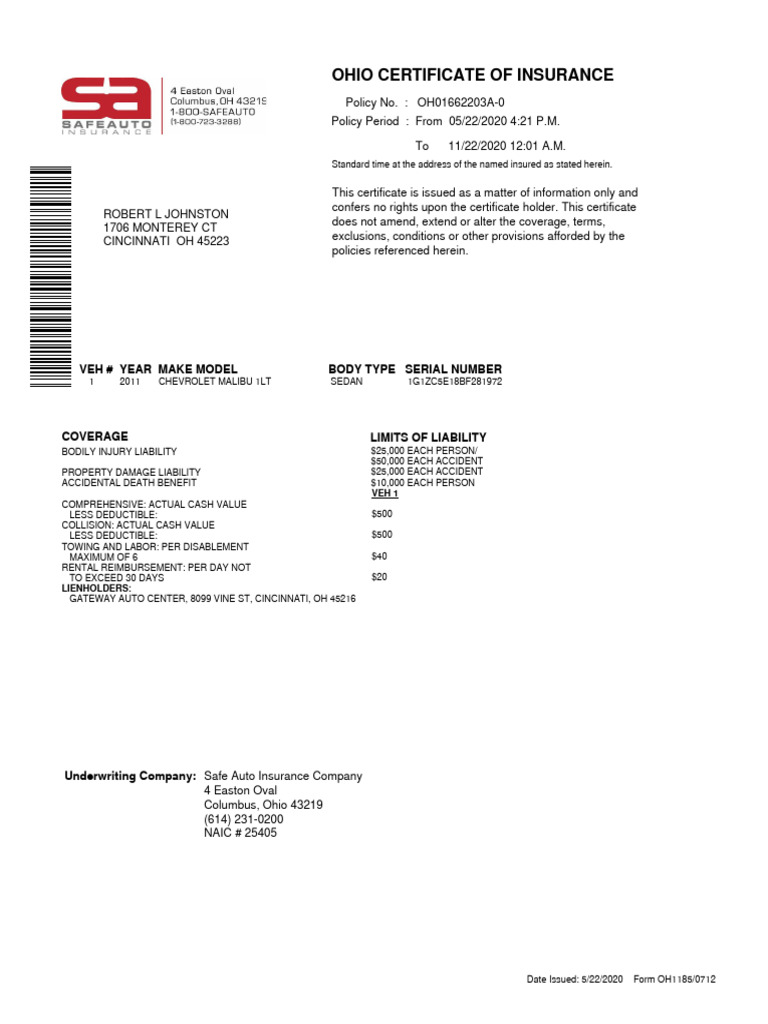 Ohio Auto Insurance Certificate 2020 | PDF