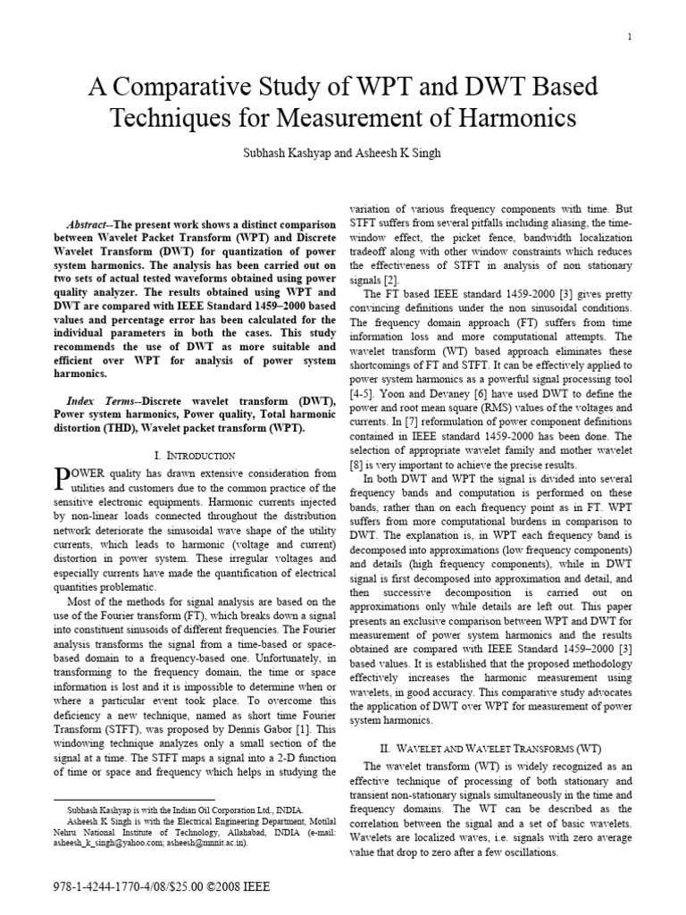 A Comparative Study of WPT and DWT Based Techniques For Measurement of Harmonics | PDF | Wavelet ...