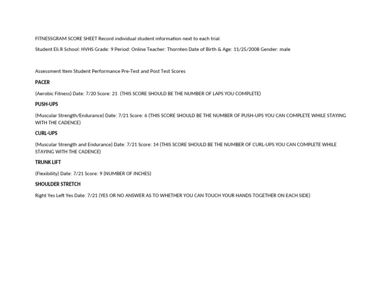 Fitnessgram Physical Fitness Test Score Sheet (2) Copy | PDF