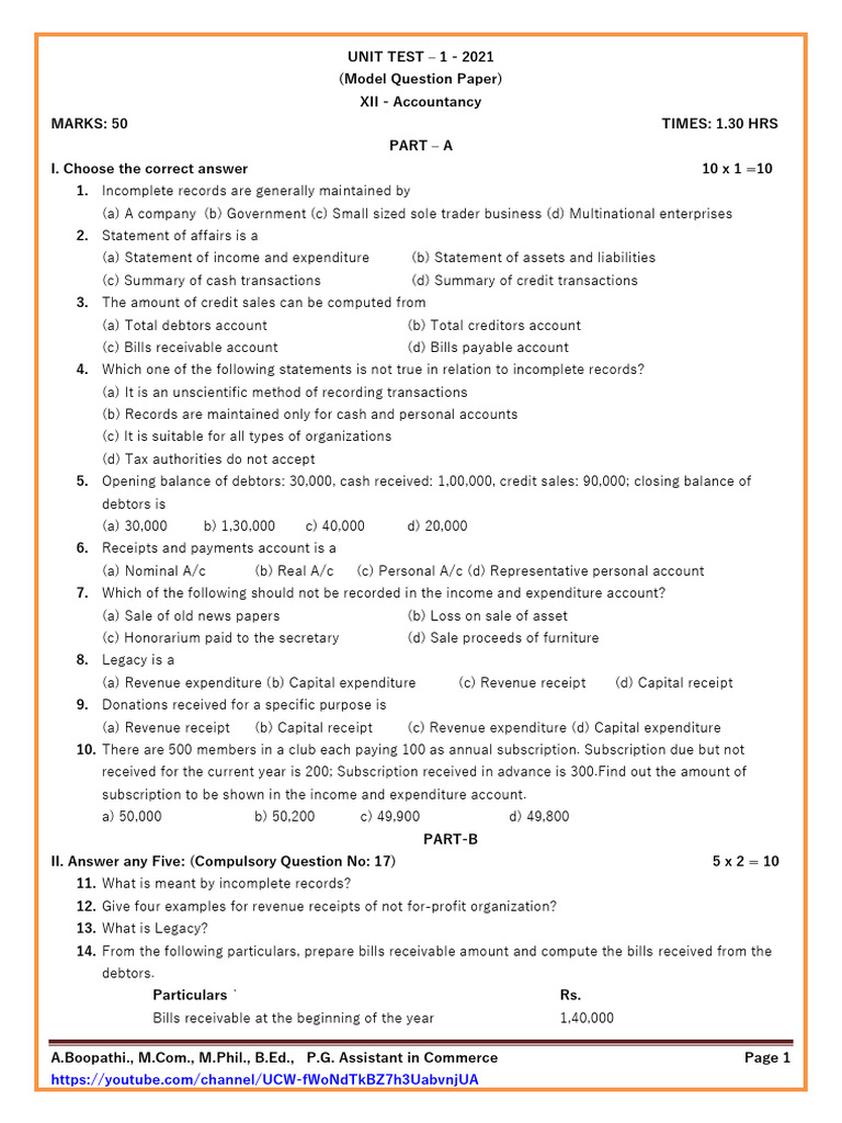 12th Accountancy Unit Test 1 Question Paper English Medium PDF Download ...
