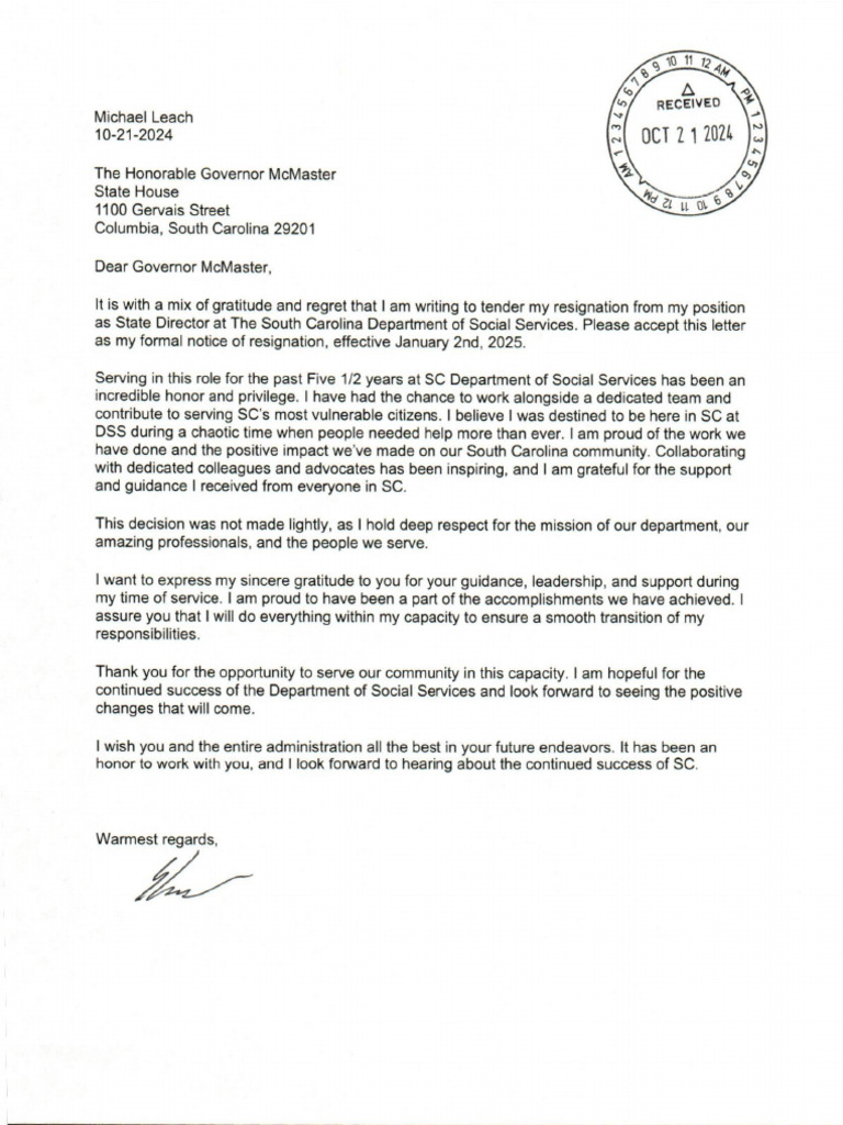 DSS Dir Leach Resignation Letter to Gov McMaster 10-21-24 | PDF