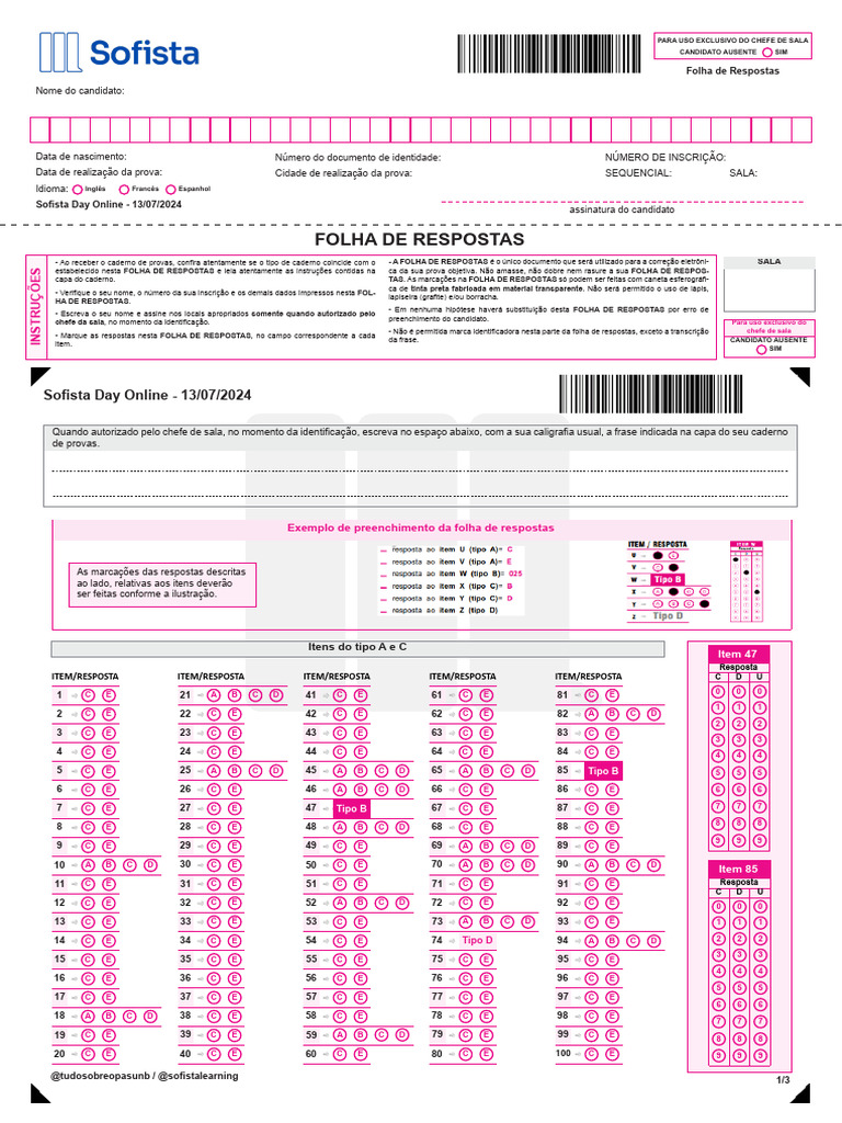 Folha de respostas - Sofista Day Online PAS 1 | PDF