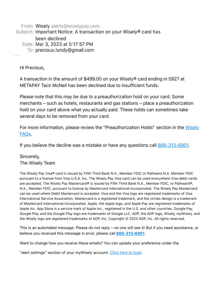 Important Notice A Transaction On Your Wisely® Card Has Been Declined | PDF