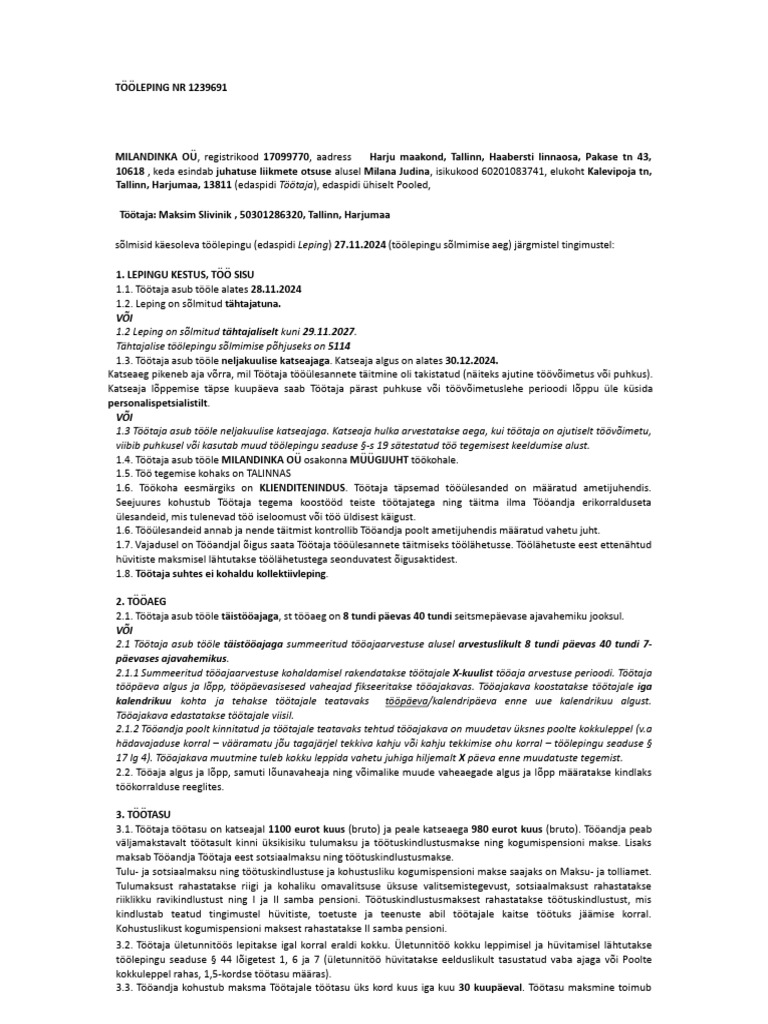 Töölepingu näidis EST 30.11.2024 | PDF