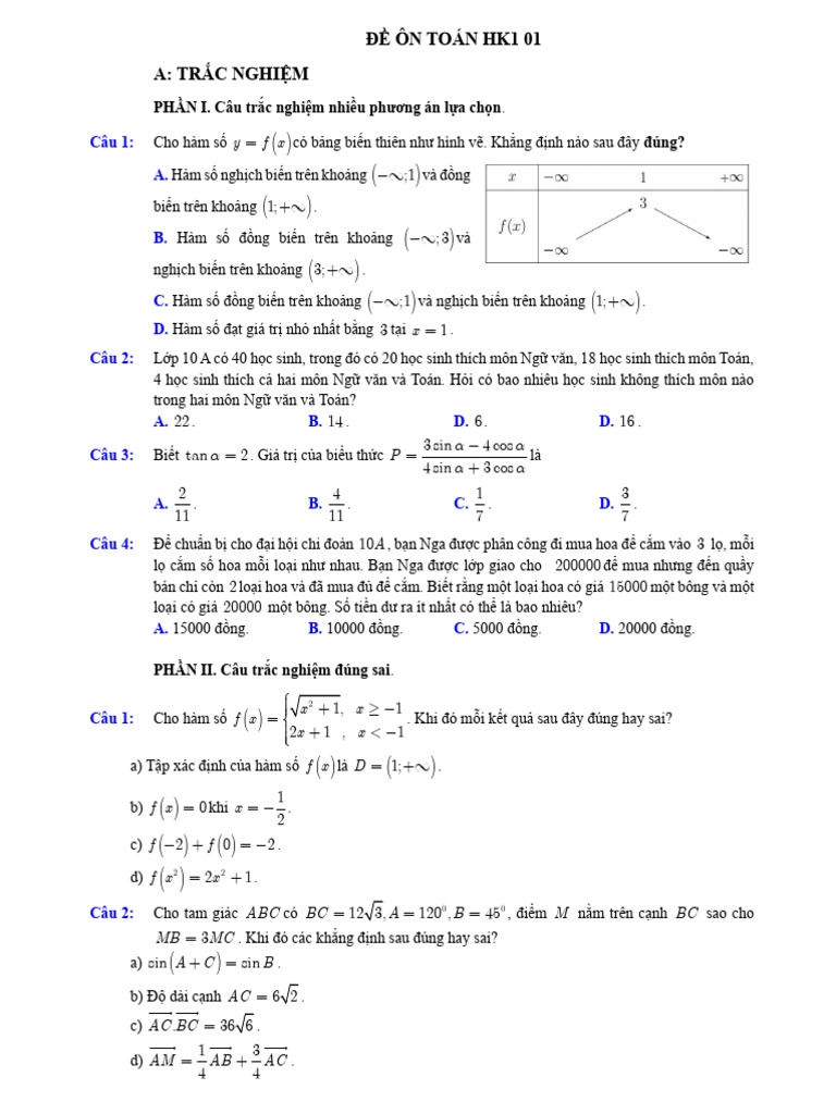 Đề Ôn Toán Hk1 01 A: Trắc Nghiệm | PDF