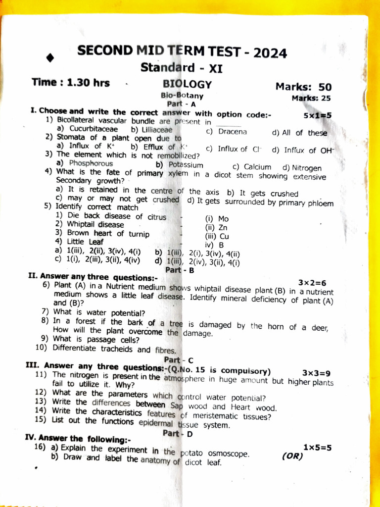 11th Biology 2nd Mid Term Exam 2024 Original Question Paper Ranipet District English Medium PDF ...