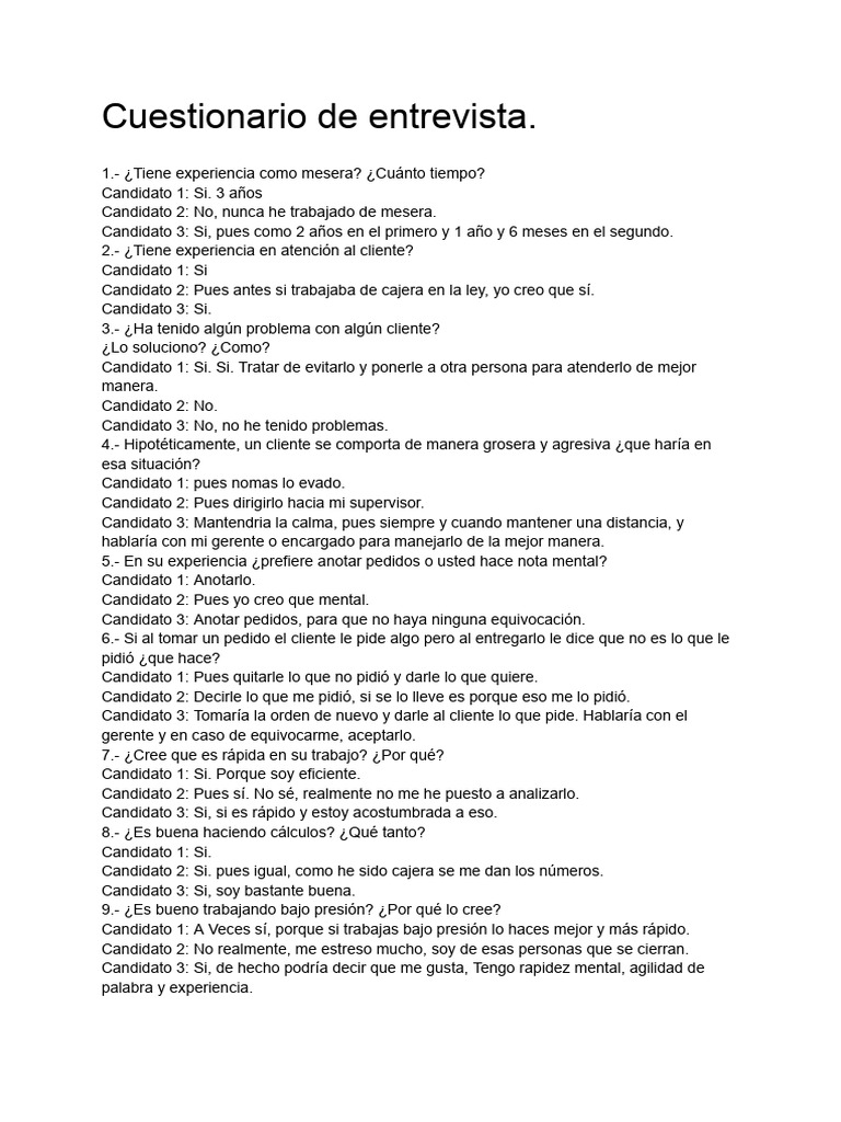Cuestionario de Entrevista | PDF