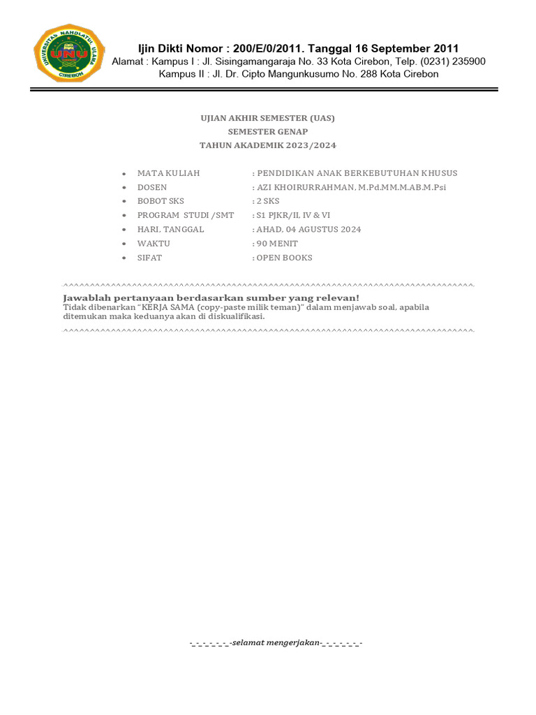 Naskah SOAL UAS PENDIDIKAN ABK ( pak Azi ) | PDF