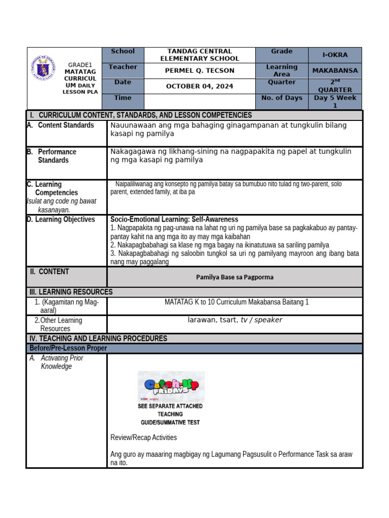 Grade 1 Family Roles Lesson Plan | PDF | Cognitive Science | Behavior Modification