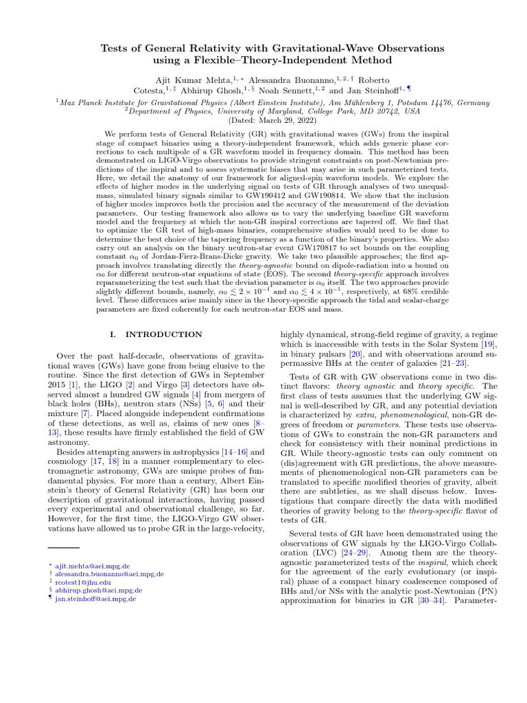 Tests Of General Relativity With Gravitational Wave Observations Pdf Physics