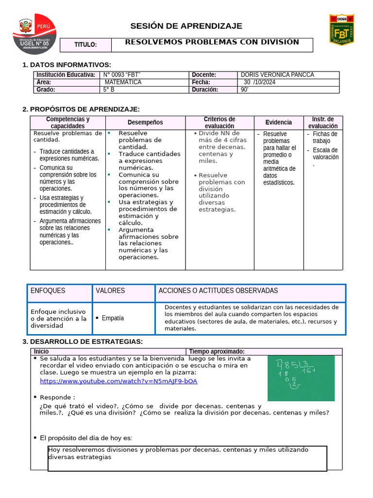 SESIÓN DE MAT 01 - PROBLEMAS DE DIVISIÓN ESTRATEGIAS | PDF | División ...