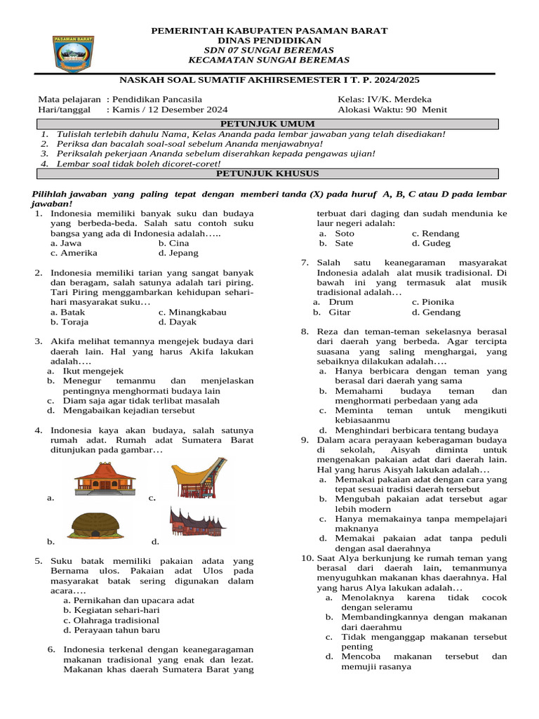 soal SAS pendidikan pancasila kelas IV | PDF