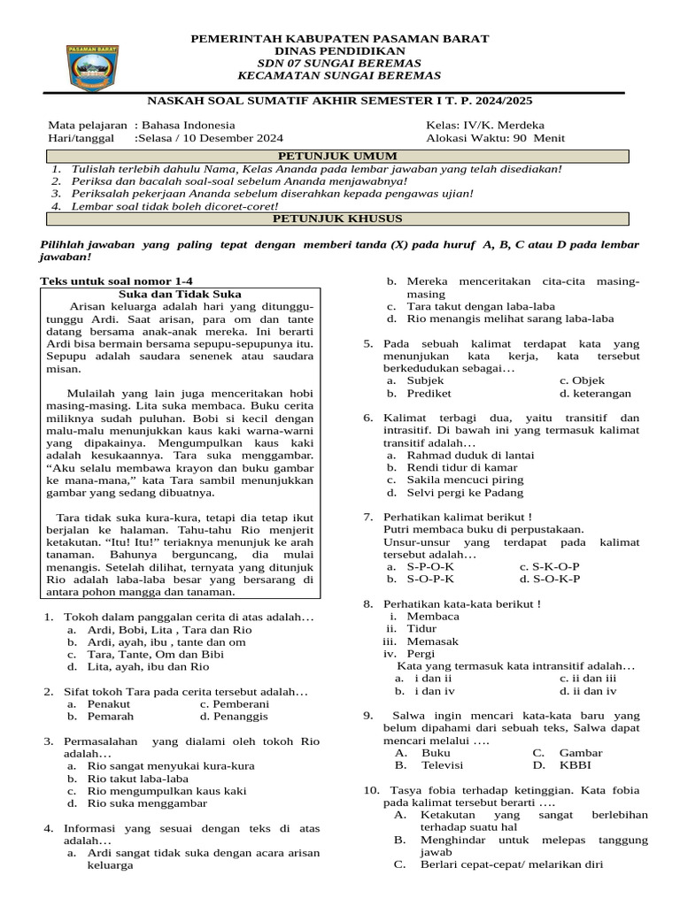 SOAL SAS BAHASA INDONESIA KELAS IV | PDF