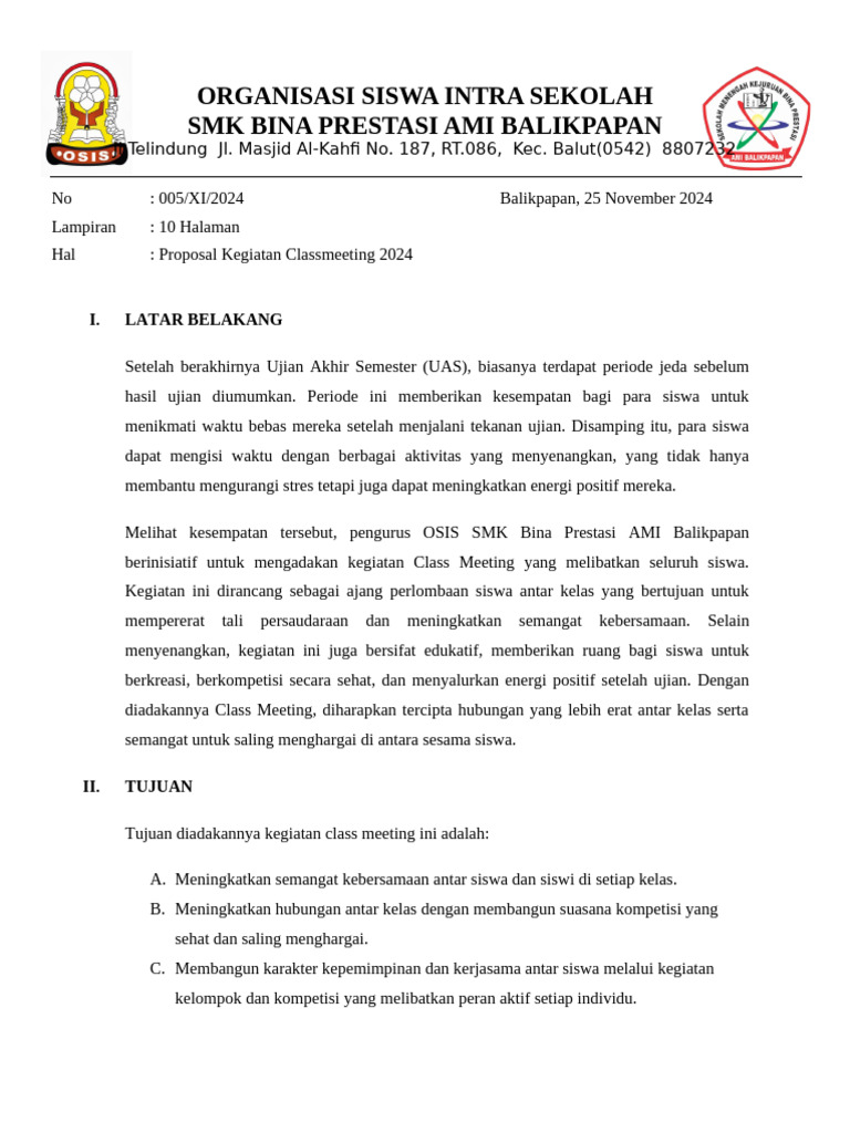 Proposal Class Meeting SMK Bina Prestasi | PDF