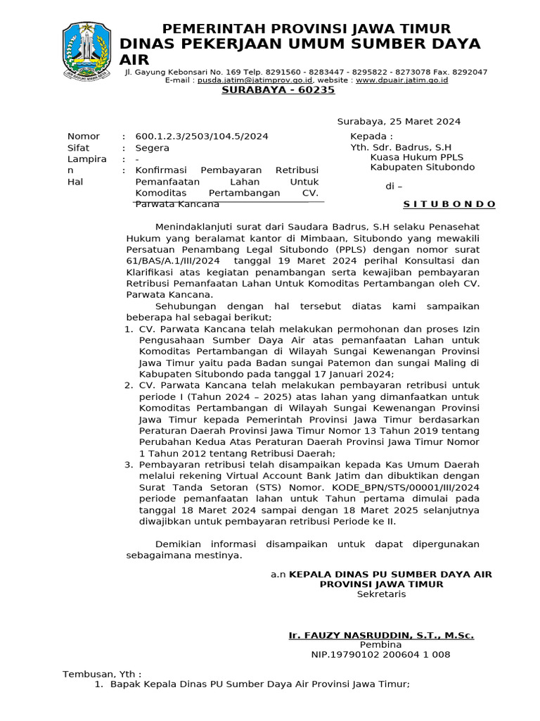 Konfirmasi Pembayaran Retribusi Pertambangan | PDF