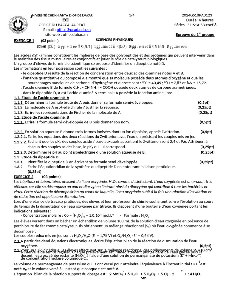 Examen de Sciences Physiques - Dipeptides et Réactions Redox | PDF ...