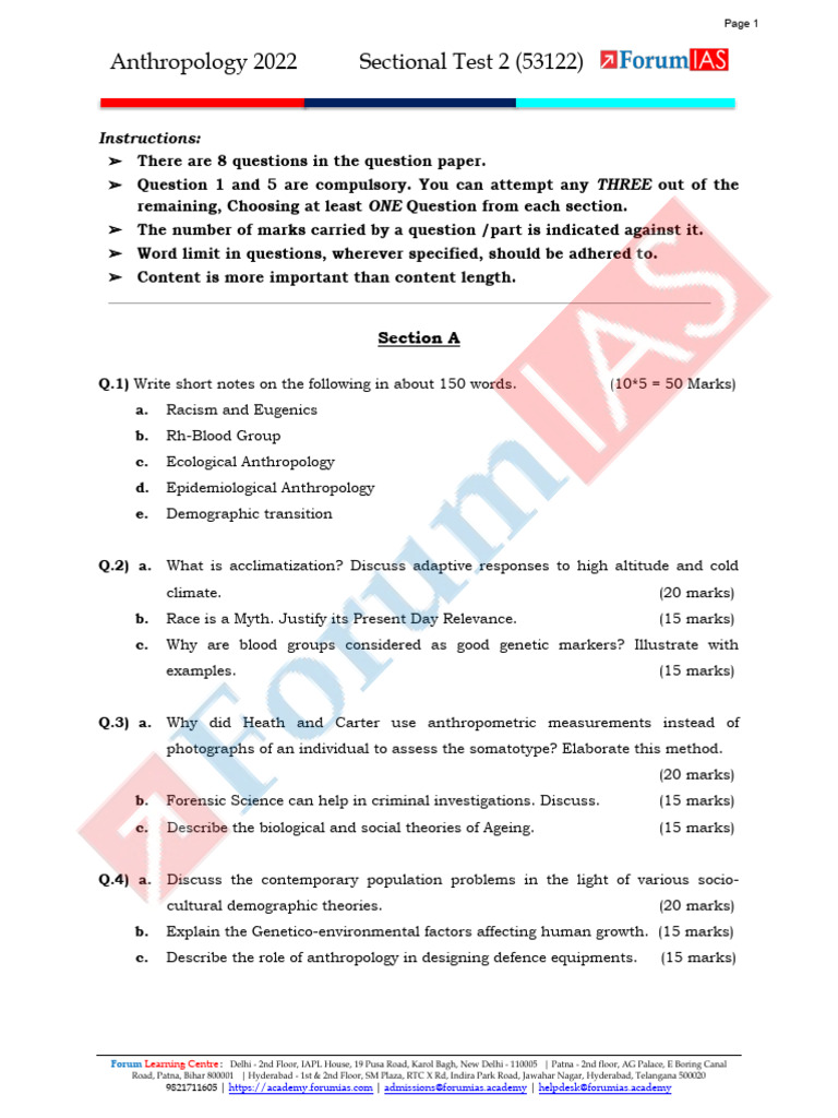 Anthropology Sectional Test 2022 | PDF | Race (Human Categorization ...