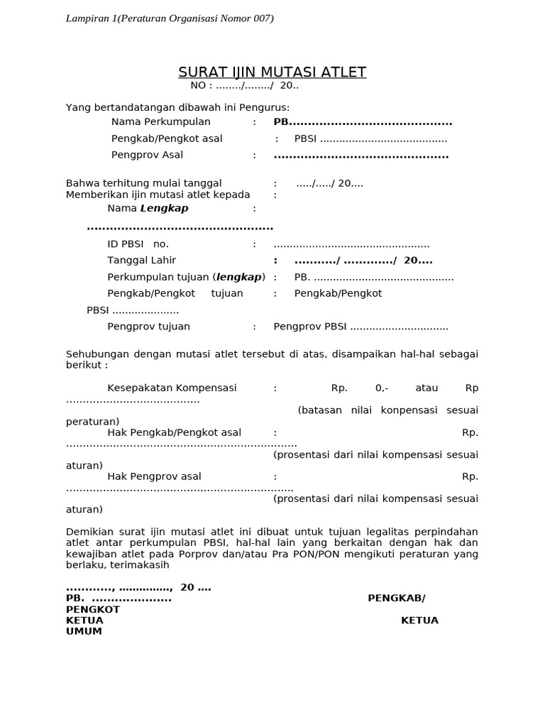 Form SURAT IJIN MUTASI ATLET | PDF