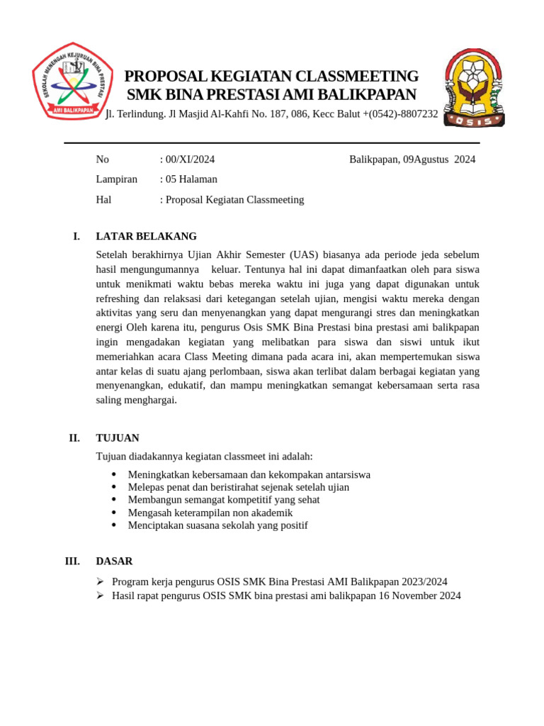 Proposal Class Meeting SMK Bina Prestasi | PDF