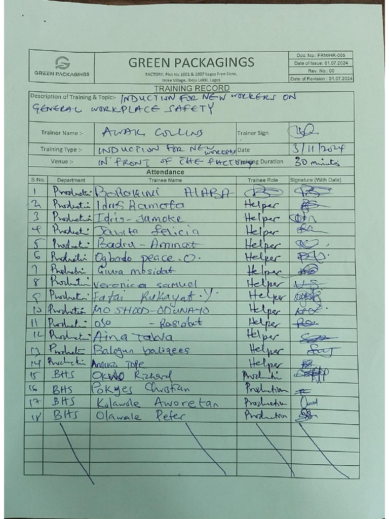 Induction Attendance Record | PDF