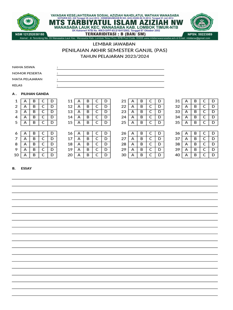 Lembar Jawaban Pas Ganjil | PDF