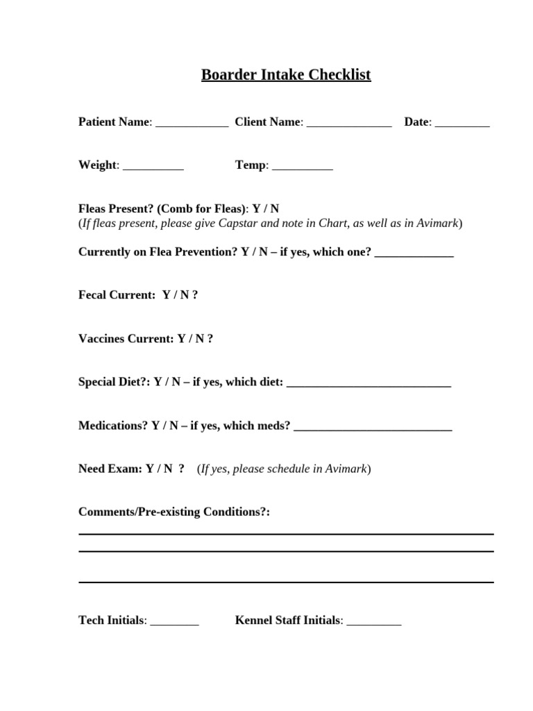 Pet Boarding Intake Checklist | PDF