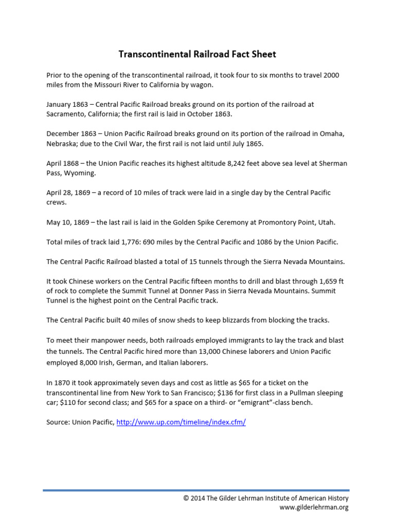 Transcontinental Railroad Fact Sheet | PDF