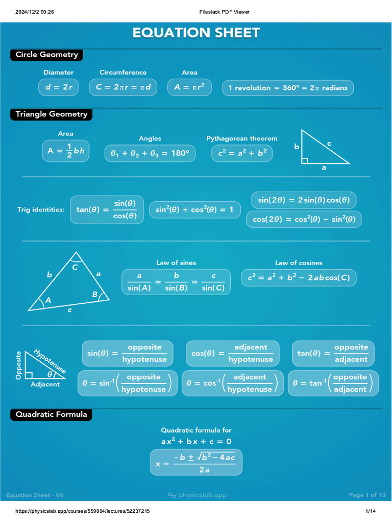 Equation Sheet & Study Guides - Physics Lab | PDF