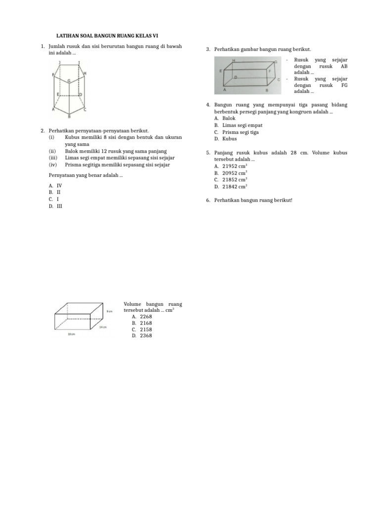 Latihan Soal Bangun Ruang Kelas Vi / 6 SD | PDF