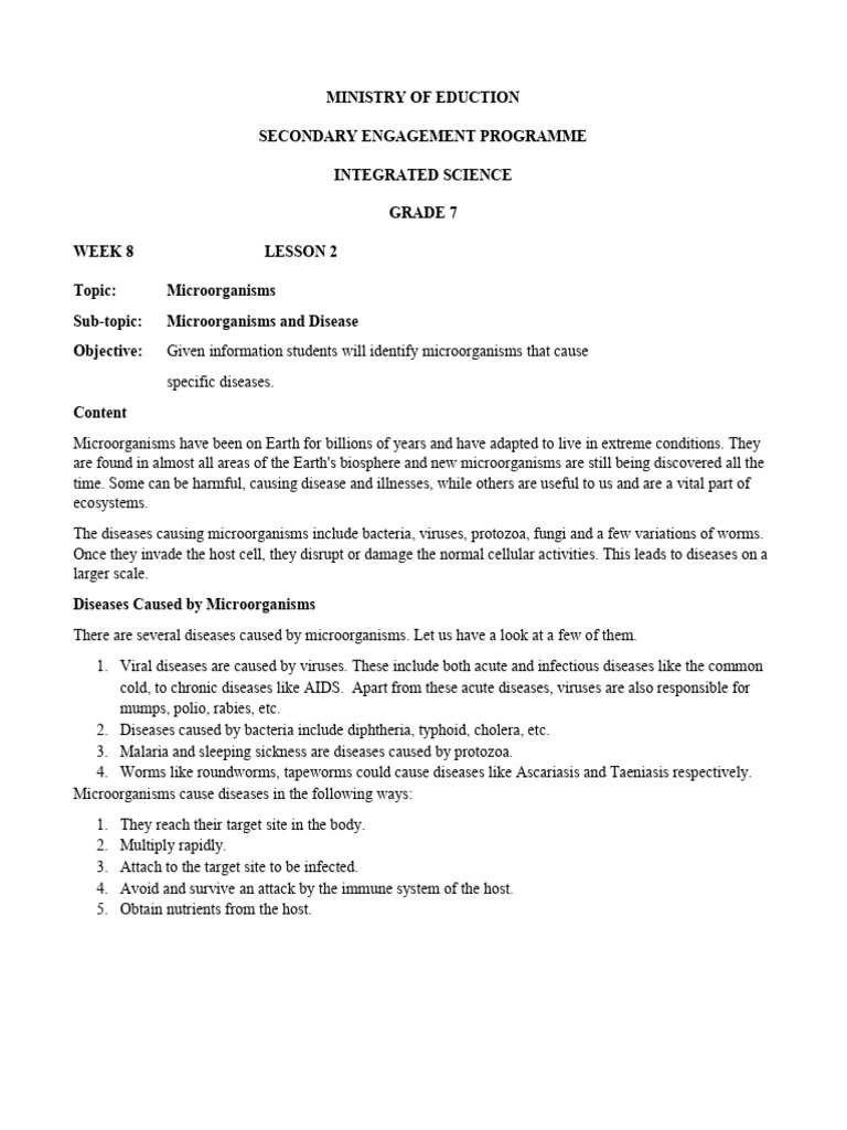 MICROORGANISMS AND DISEASES NOTES Week 8 Lesson 2 | PDF | Infection ...
