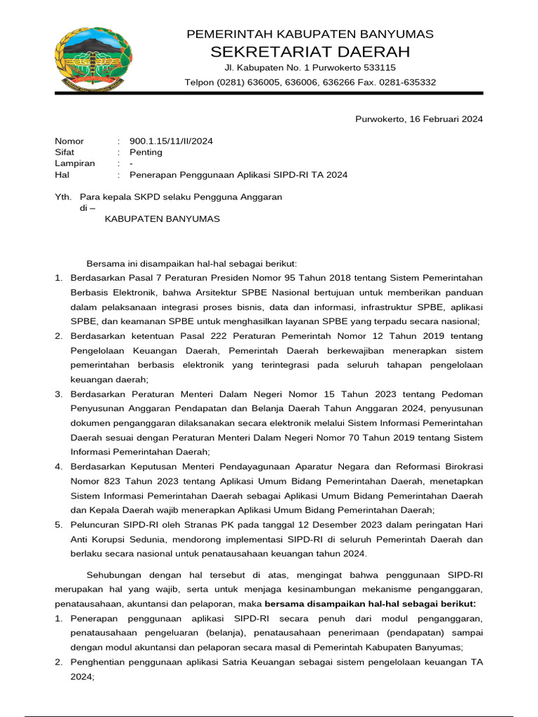 SE Penerapan Penggunaan Aplikasi SIPD-RI TA 2024 | PDF