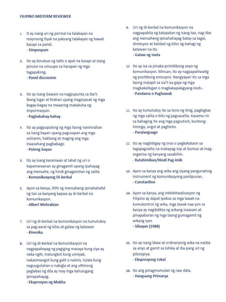 Filipino Midterm Reviewer | PDF