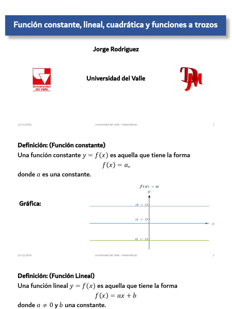 Función Constante, Lineal, Cuadrática y Funciones a Trozos | PDF | Pendiente | Función (Matemáticas)