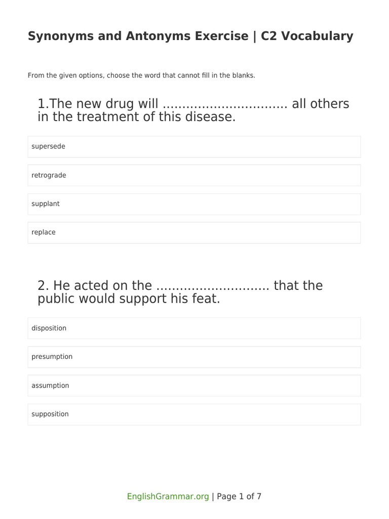Synonyms and Antonyms Exercise - C2 Vocabulary | PDF | Lexical ...