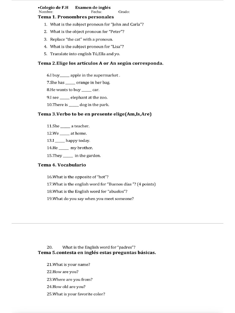 Examen de Inglés 2do Sec. | PDF