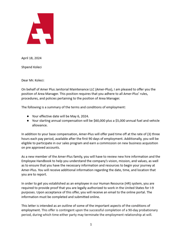 Shpend Offer Letter.docx (2) | PDF | Employment | Economies