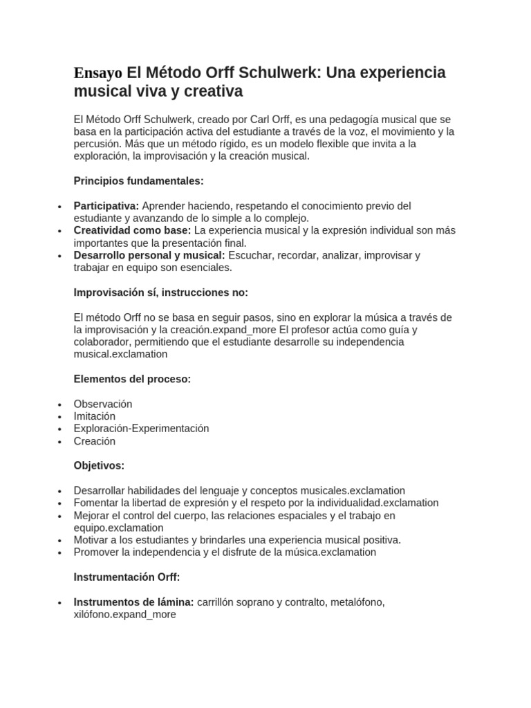 Ensayo El Método Orff Schulwerk | PDF | Aprendizaje | Modificación de comportamiento