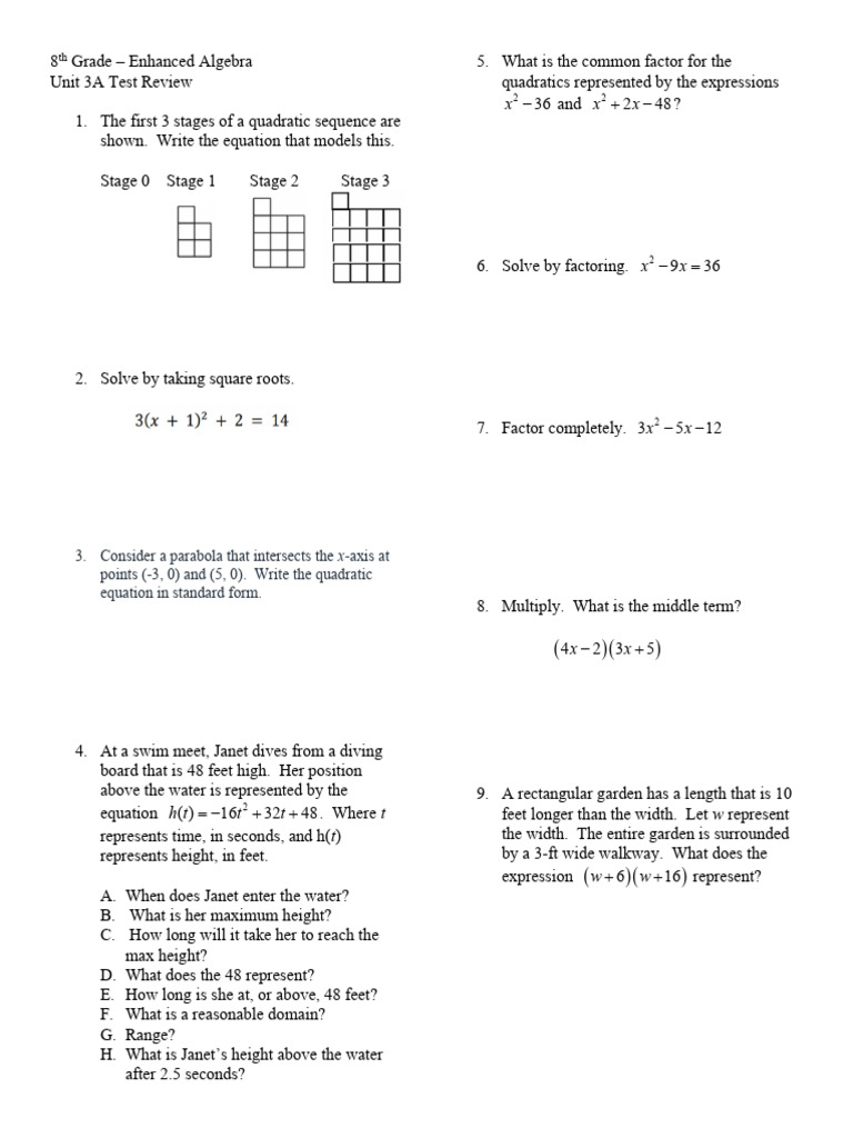 Algebra Test Review Pdf Quadratic Equation Mathematics